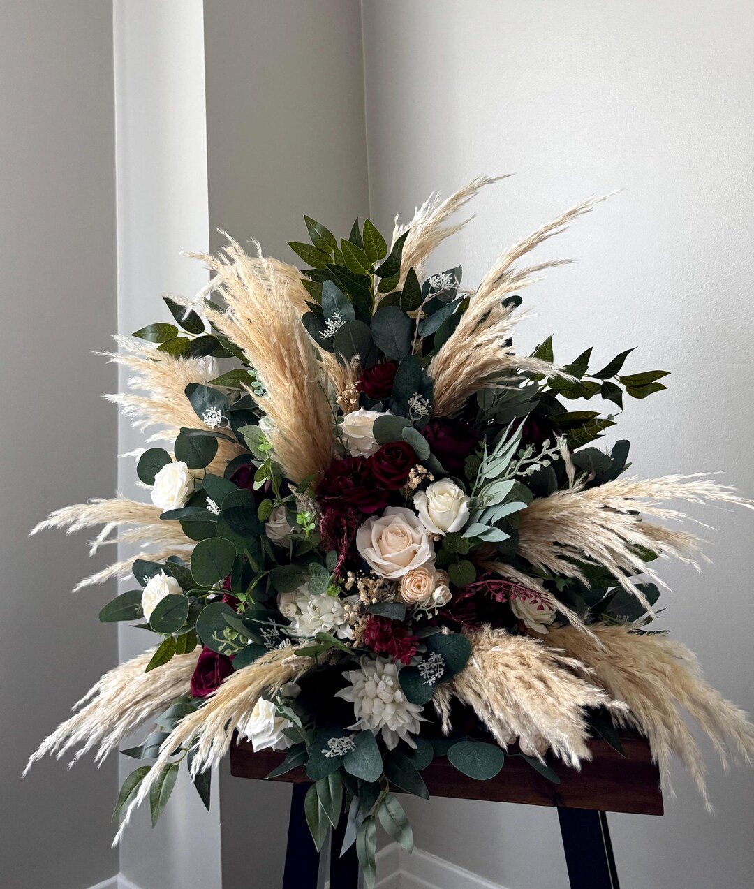 Floor Free Standing Arch Arrangement Aisle Flowers White Boho Pampas ...