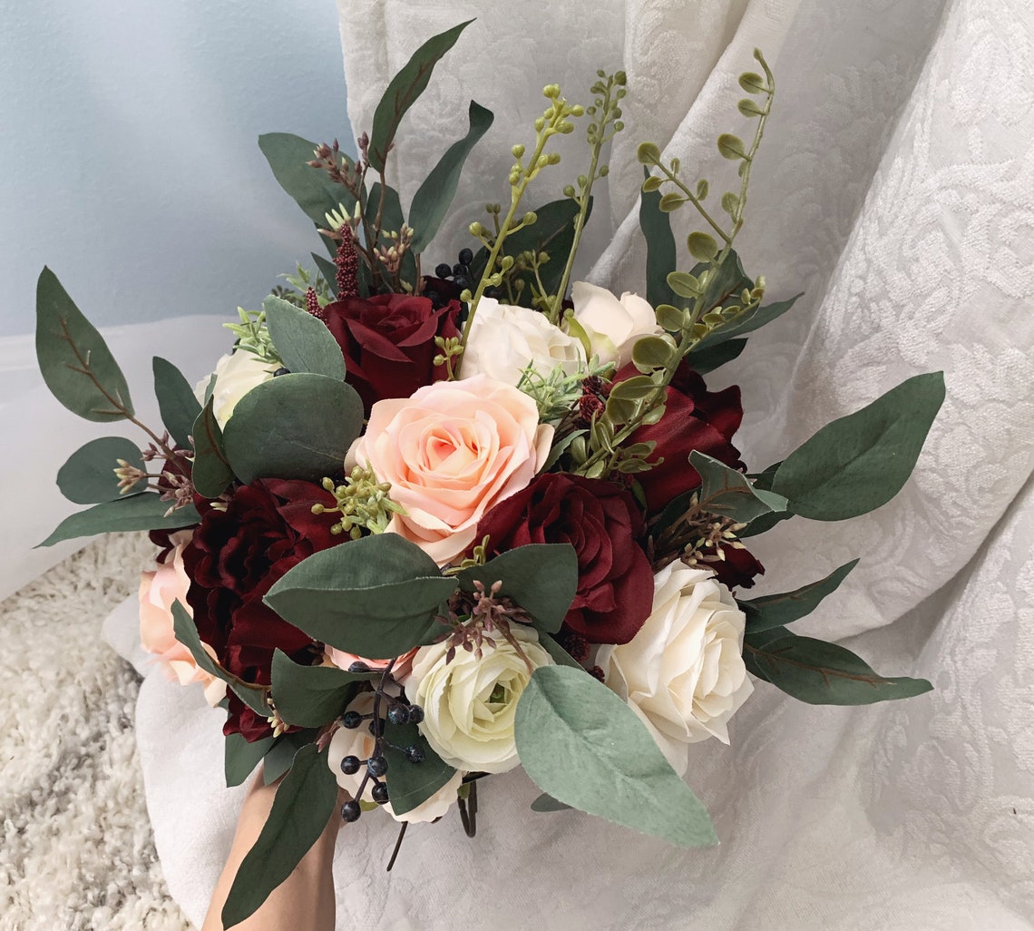 Boho Wedding Bouquet Burgundy Blush Eucalyptus Wedding Maroon - Etsy