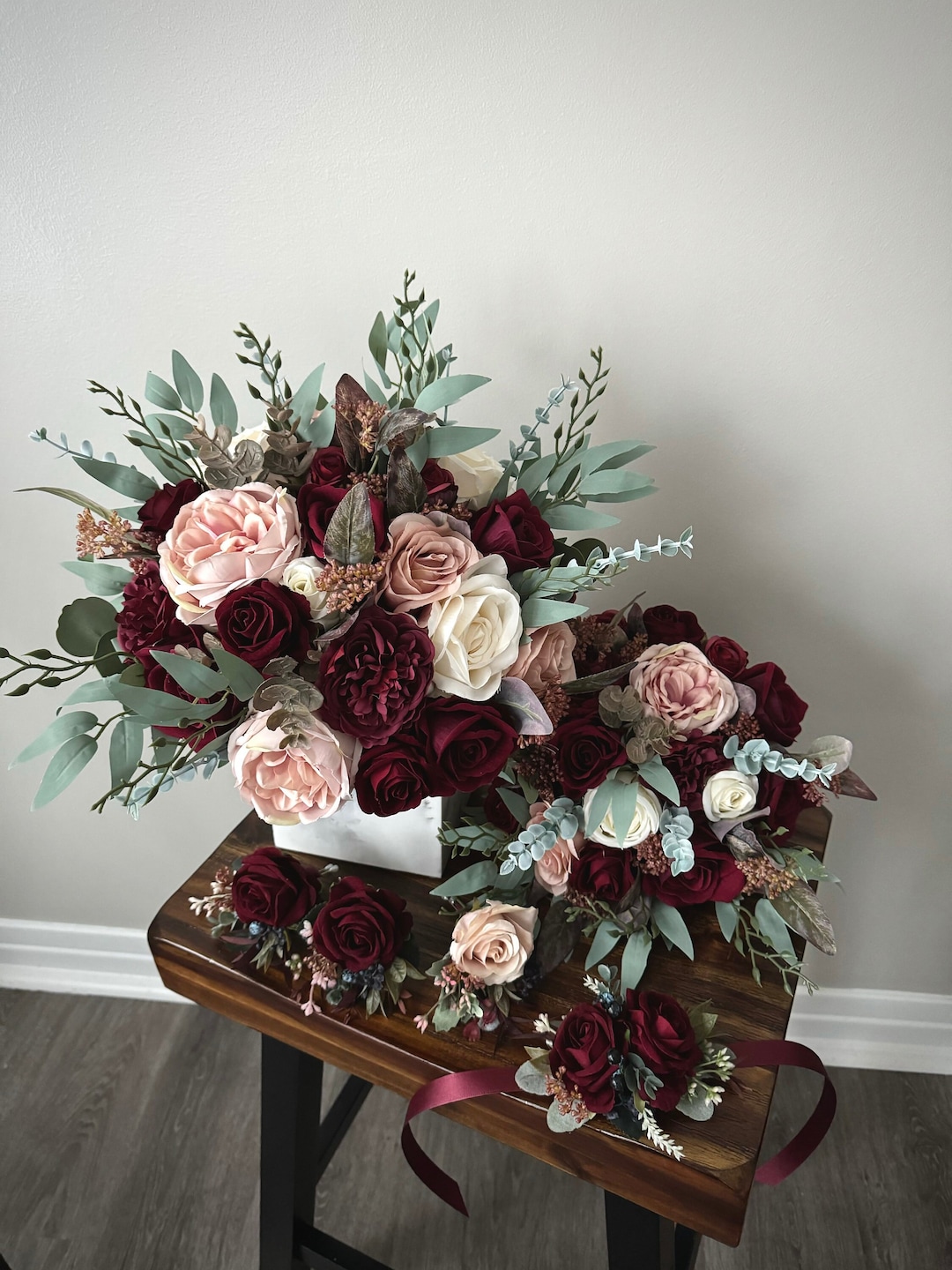 Boho Wedding Bouquet Burgundy Eucalyptus Wedding Maroon Bouquet Deep ...