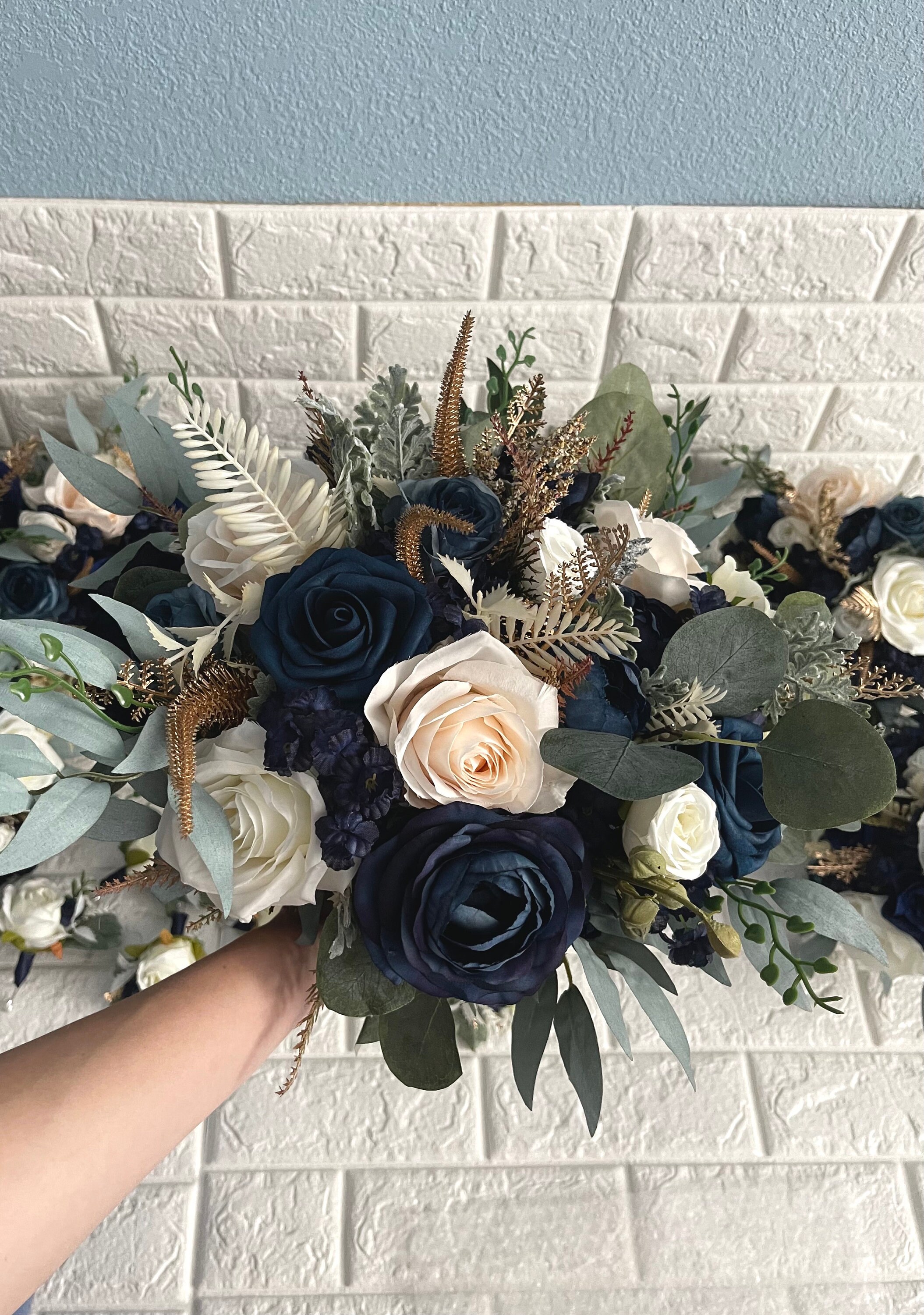White Navy Gold Bouquet Wedding Bouquet Set Boho Dusty Blue - Etsy