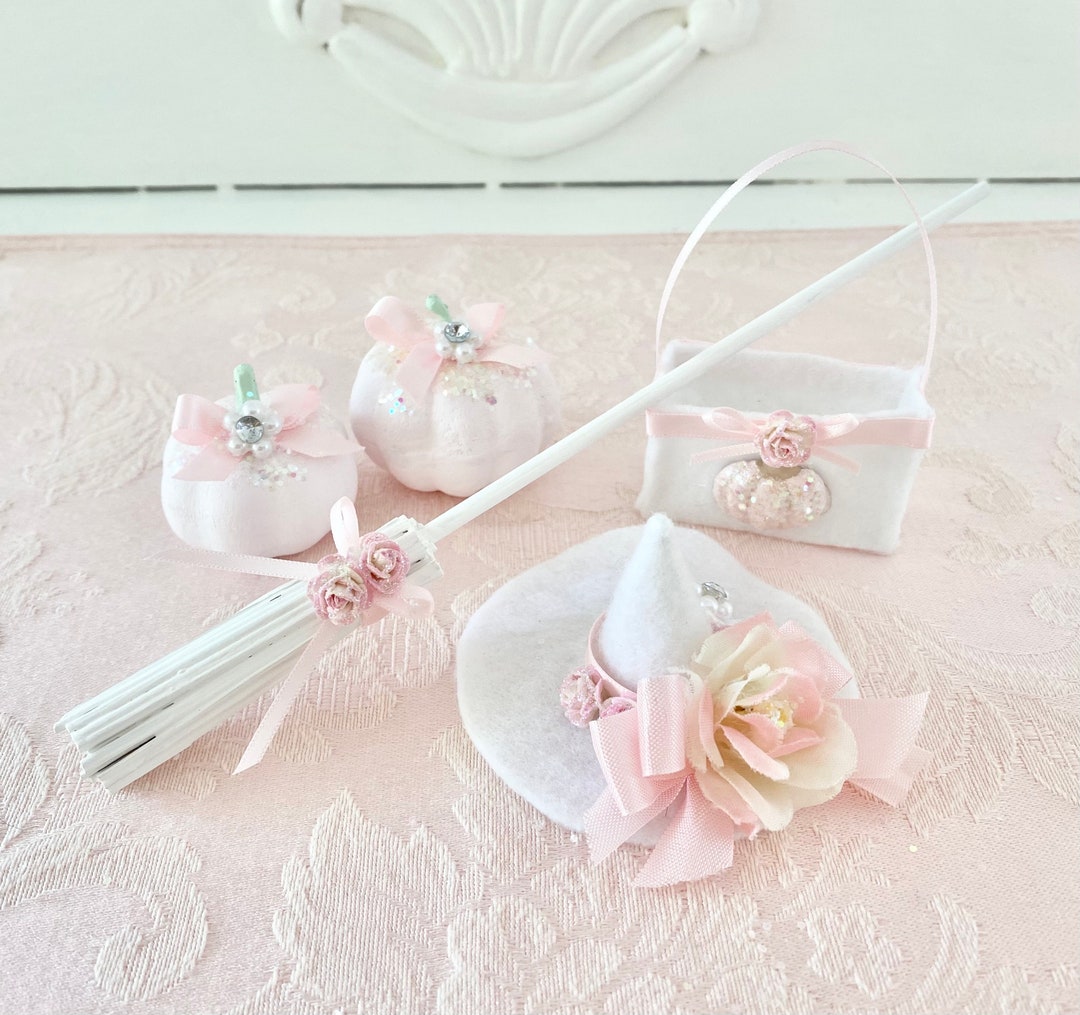 Shabby Chic Barbie Doll White Witch Hat Bag Broom Pumpkins Candy Set ...