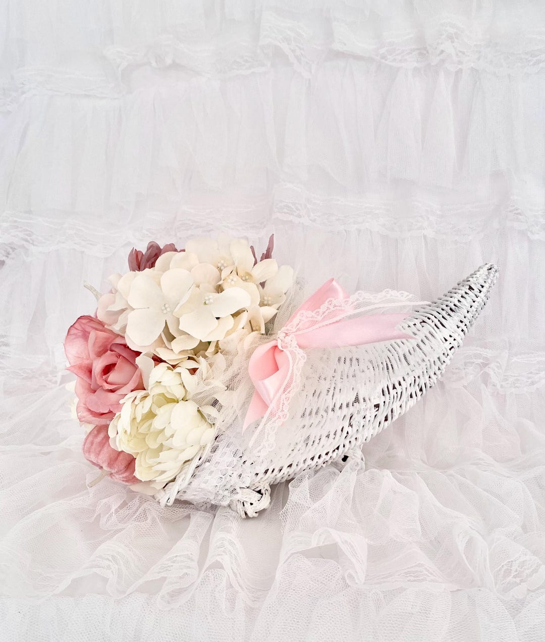 Shabby Chic Fall Cornucopia, Upcycled Wicker Cornucopia Basket, Pink ...