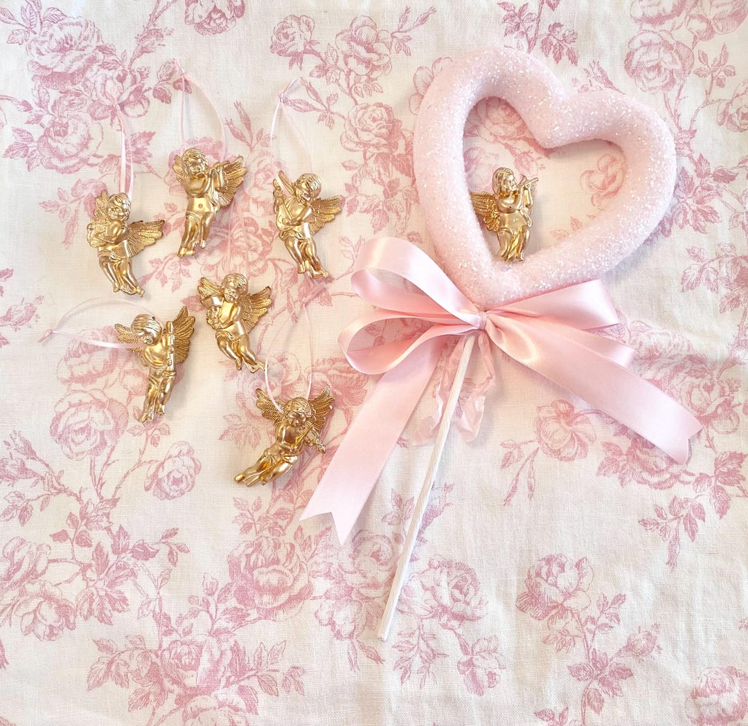 Pink Heart Floral Pick, Valentine Tree Topper, Gold Cherub Ornaments ...