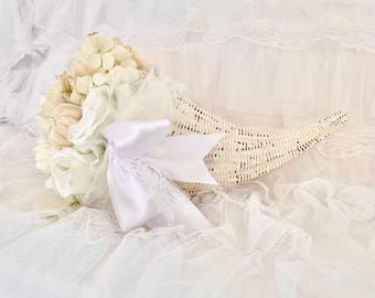 Shabby Chic Fall Cornucopia, Upcycled Wicker Cornucopia Basket, White ...