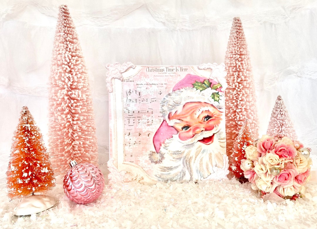 Pink Christmas Wall Decor, Vintage Pink Santa Art, Christmas Time is ...