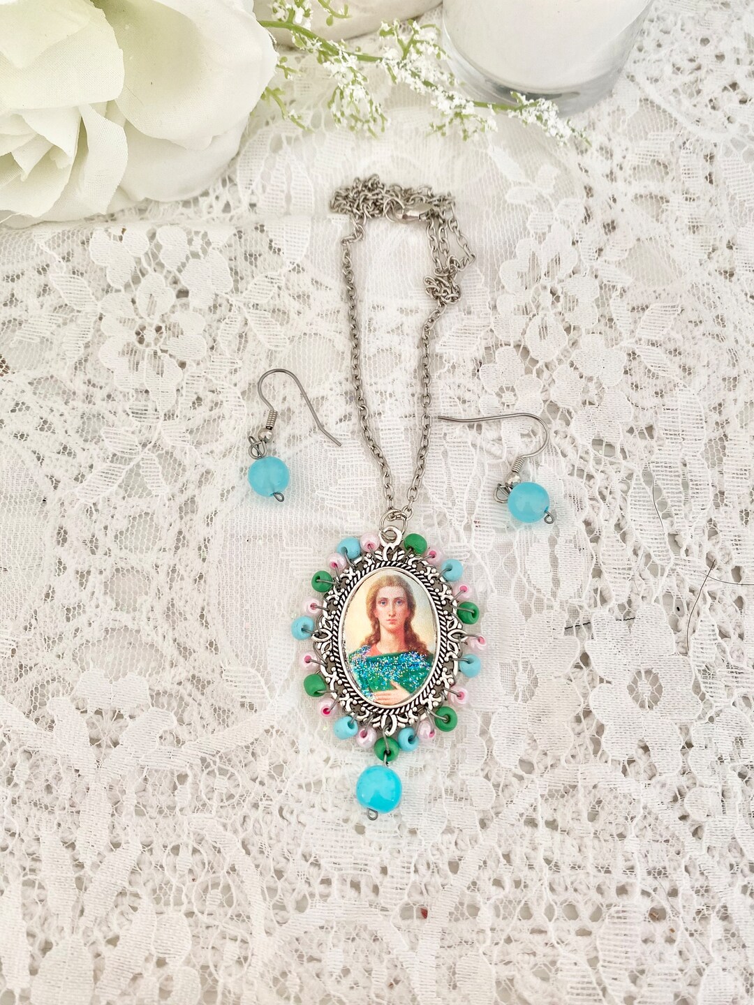 Archangel Raphael Necklace, Jewelry Set, Aqua Glass Bead Earrings ...