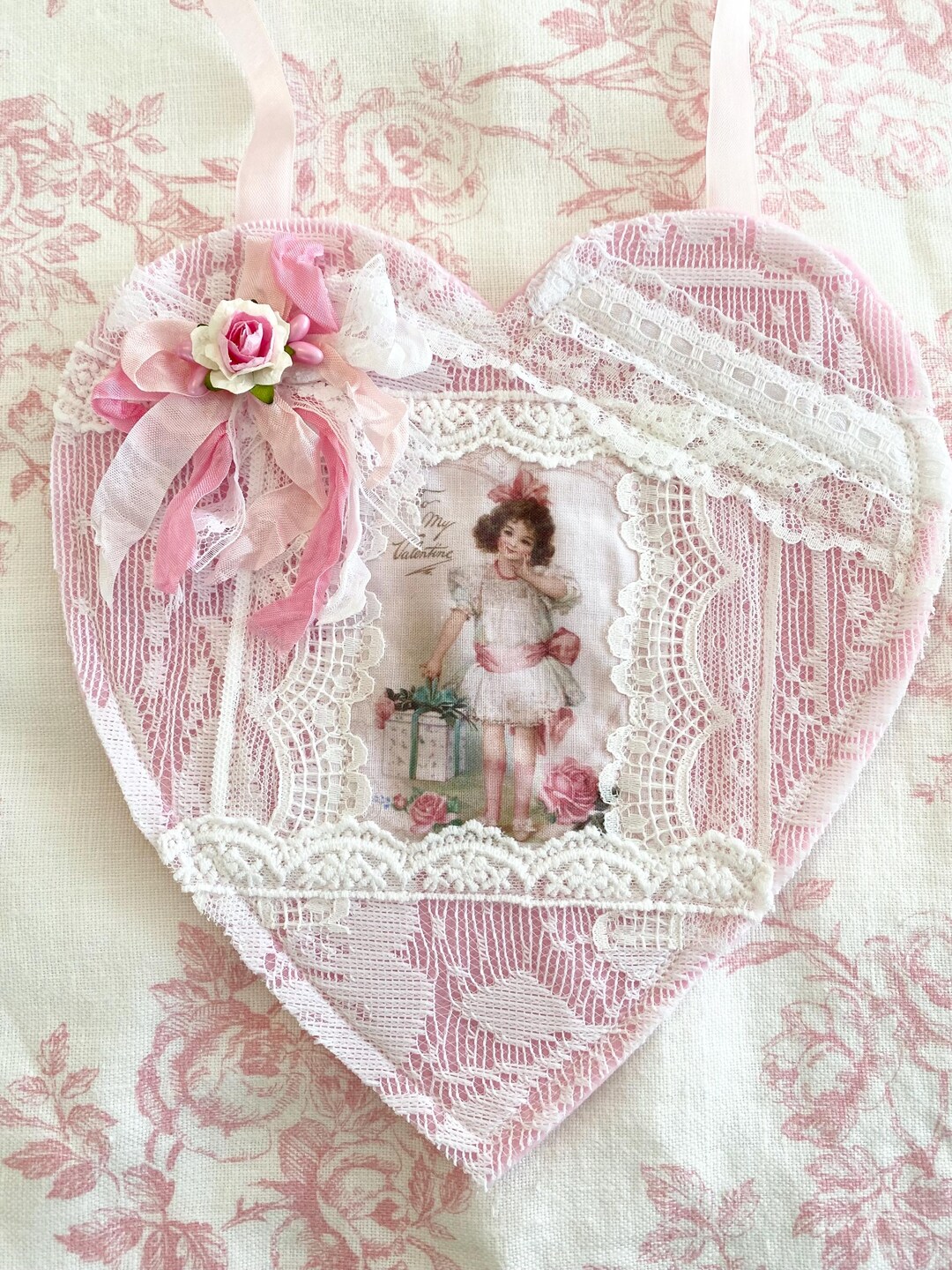 Pink Felt Heart Hanger, Shabby Chic Heart Ornament, Romantic Lace ...