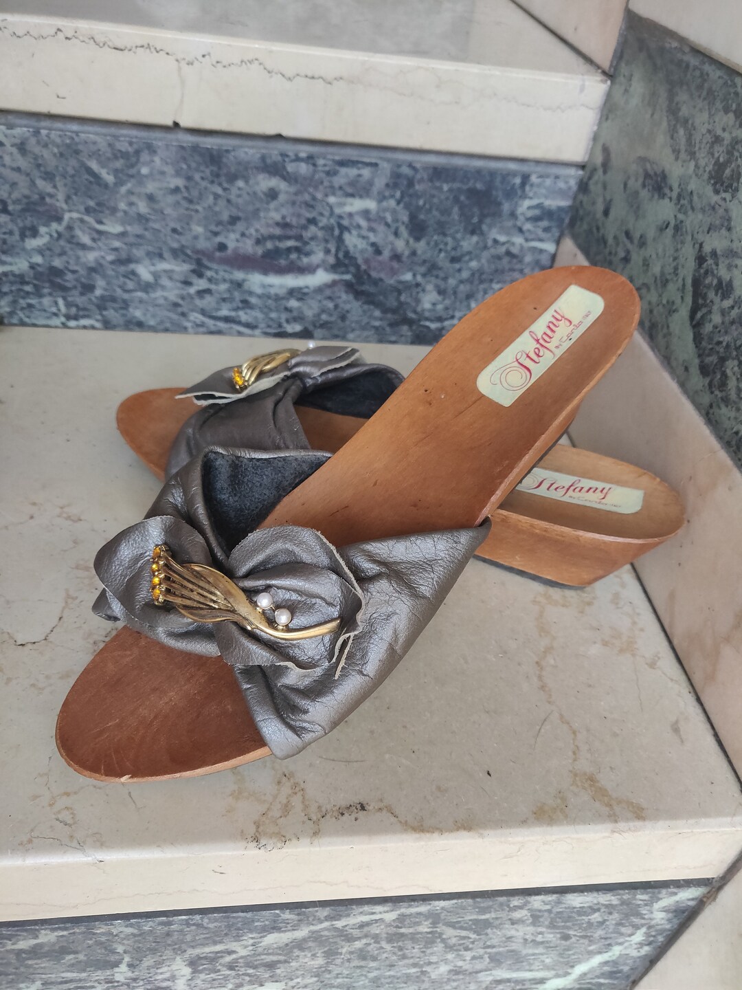 80s Wooden and Leather Summer Clogs With Floreal Grey Leather Metal and ...