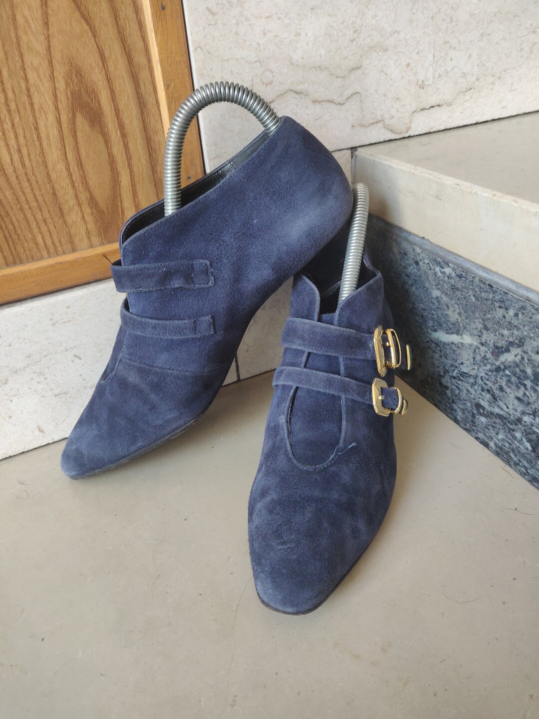 Blue Suede Ankle Boot Low Boot With Golden Buckles Vintage Medium Heel ...