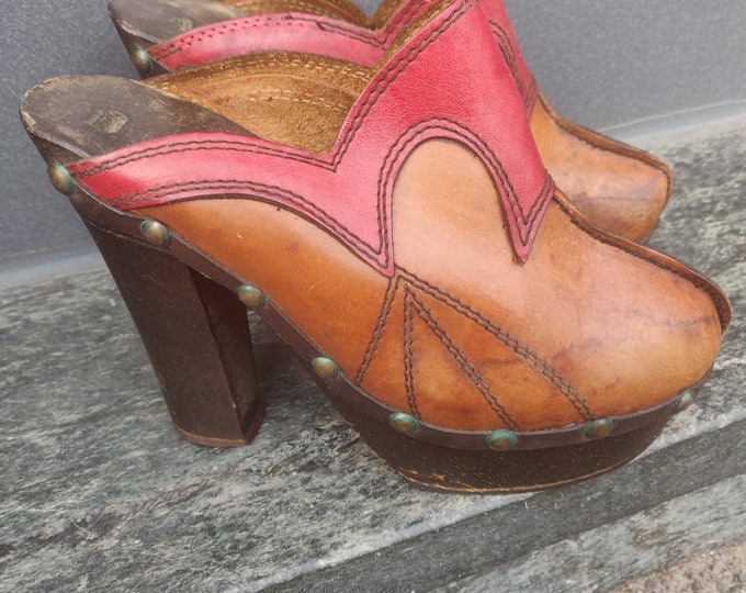 70s Wooden Clogs With Leather Deco Bi-colour Red and Brown High Heels ...