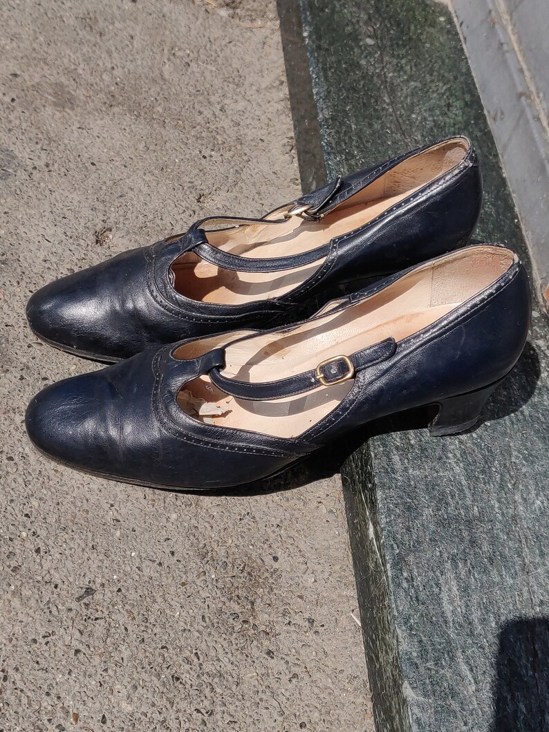 Mary Jane Medium Hell Pump Buckle and T Strap Blue Original Vintage ...