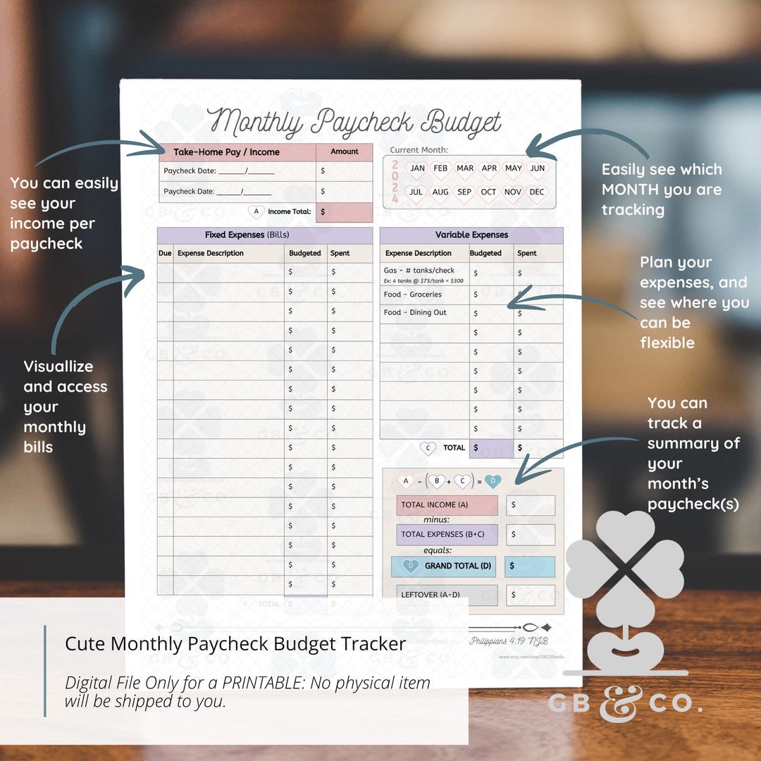 Cute Monthly Paycheck Budget Tracker, Digital File, Printable, Budget ...