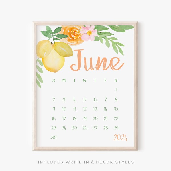 June 2024 Calendar Lemon - Etsy