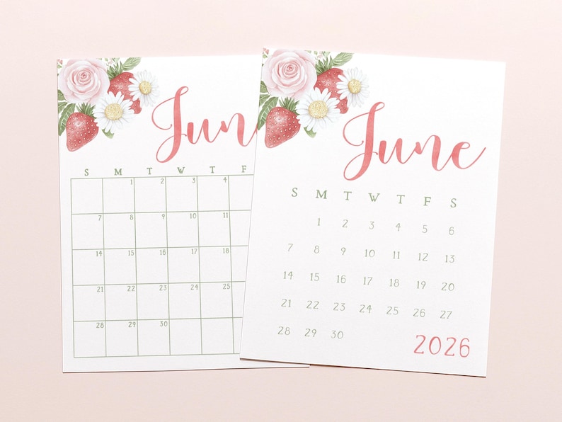 June 2026 Printable Calendar: Strawberries Summertime Floral Planner ...
