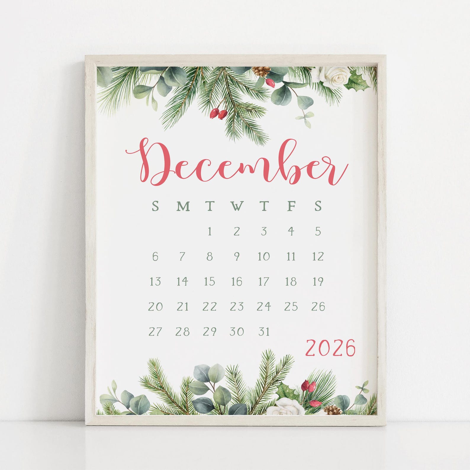 December 2026 Calendar Printable: Winter Floral Monthly Planner ...
