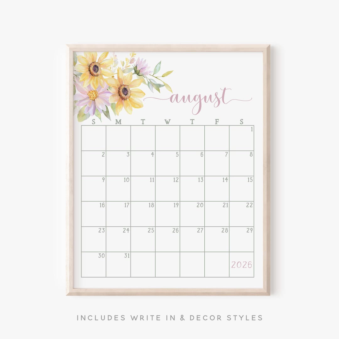 August 2026 Printable Calendar: Summertime Sunflowers Planner Page ...