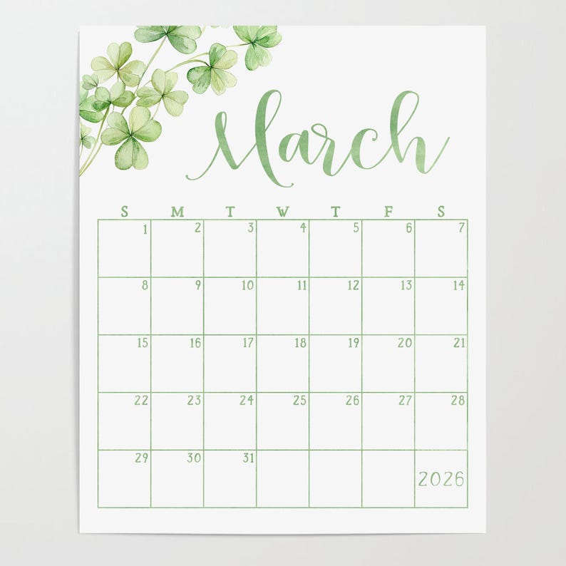 March 2026 Printable Calendar: St. Patrick's Day Clover Planner ...