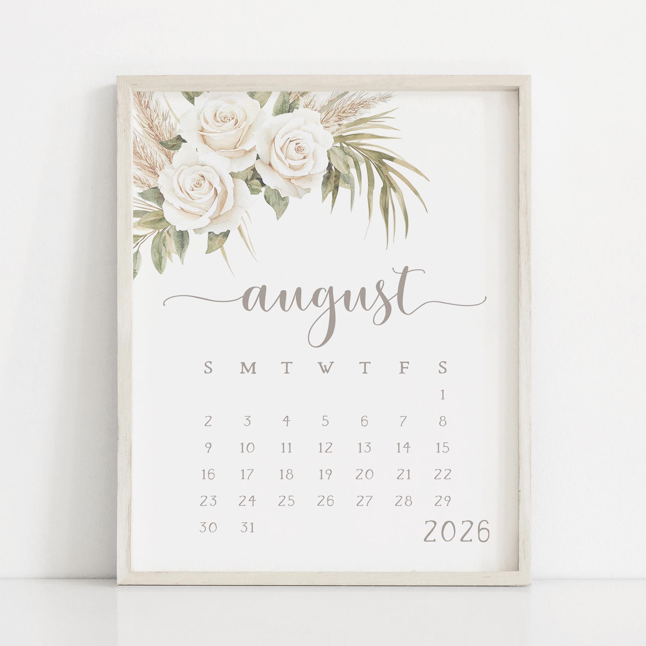 August 2026 Printable Calendar: Neutral Boho Floral Monthly Planner ...