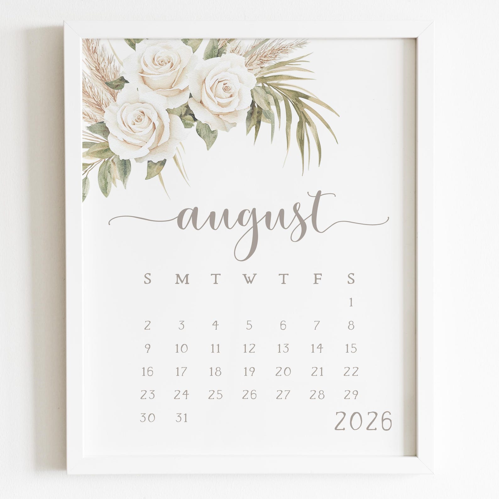 August 2026 Printable Calendar: Neutral Boho Floral Monthly Planner ...