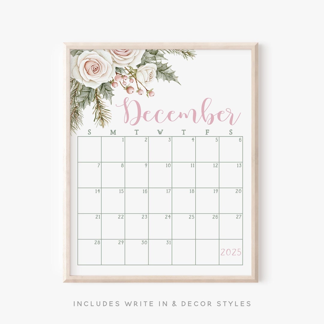 December 2025 Printable Calendar, Pink Winter Floral Monthly Planner ...