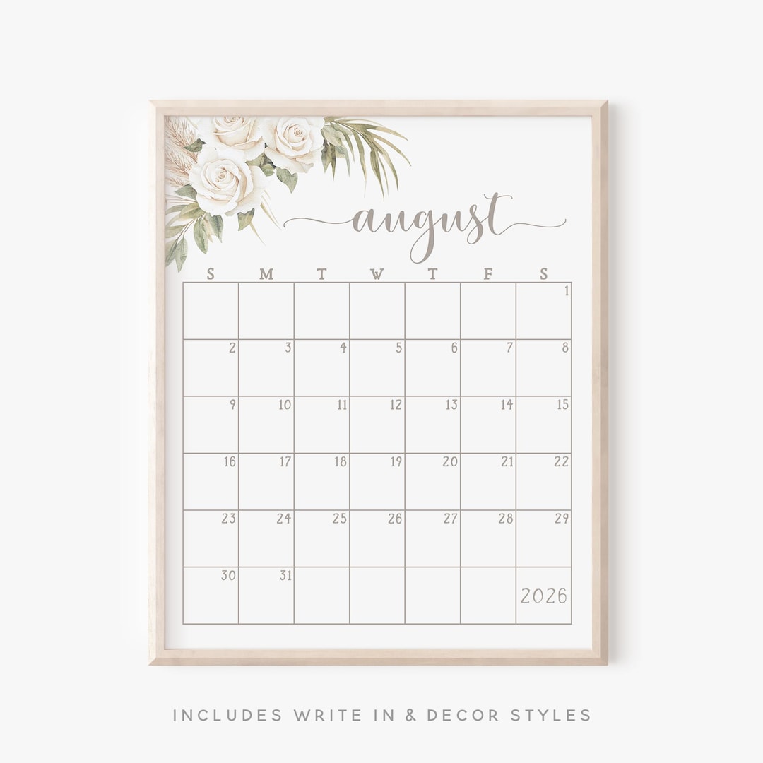 August 2026 Printable Calendar: Neutral Boho Floral Monthly Planner ...