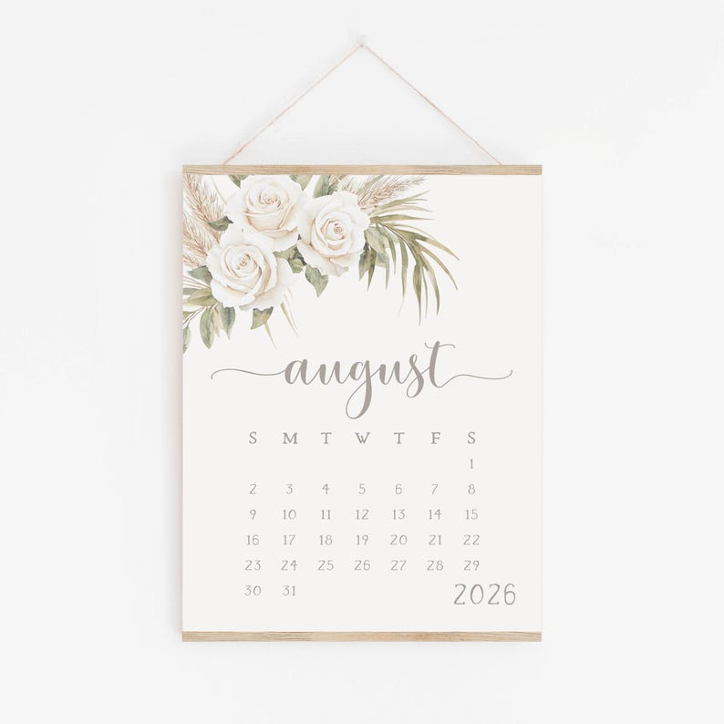 August 2026 Printable Calendar: Neutral Boho Floral Monthly Planner ...