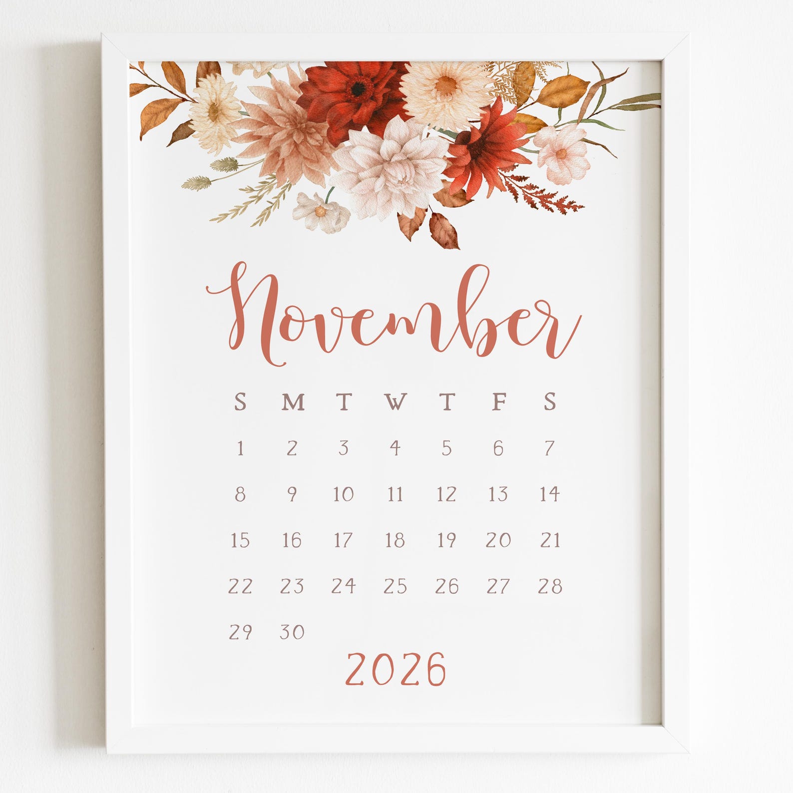 November 2026 Calendar Printable: Autumn Floral Monthly Planner ...