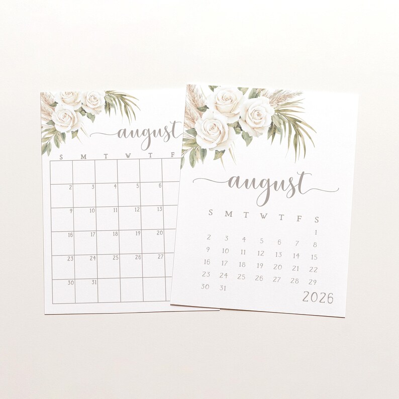 August 2026 Printable Calendar: Neutral Boho Floral Monthly Planner ...