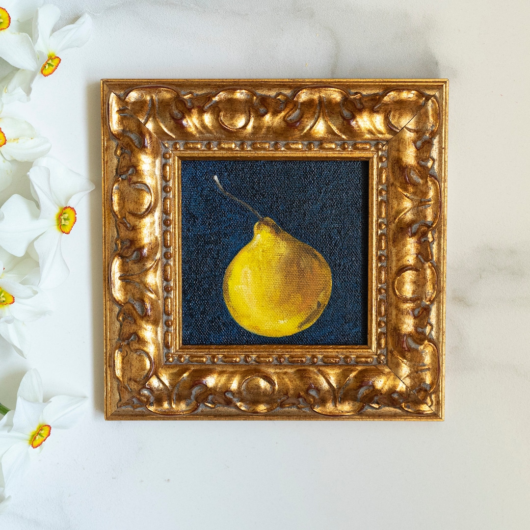 Framed Pear Oil Painting: Vintage Style Still Life Art (4x4 Inches) - Etsy
