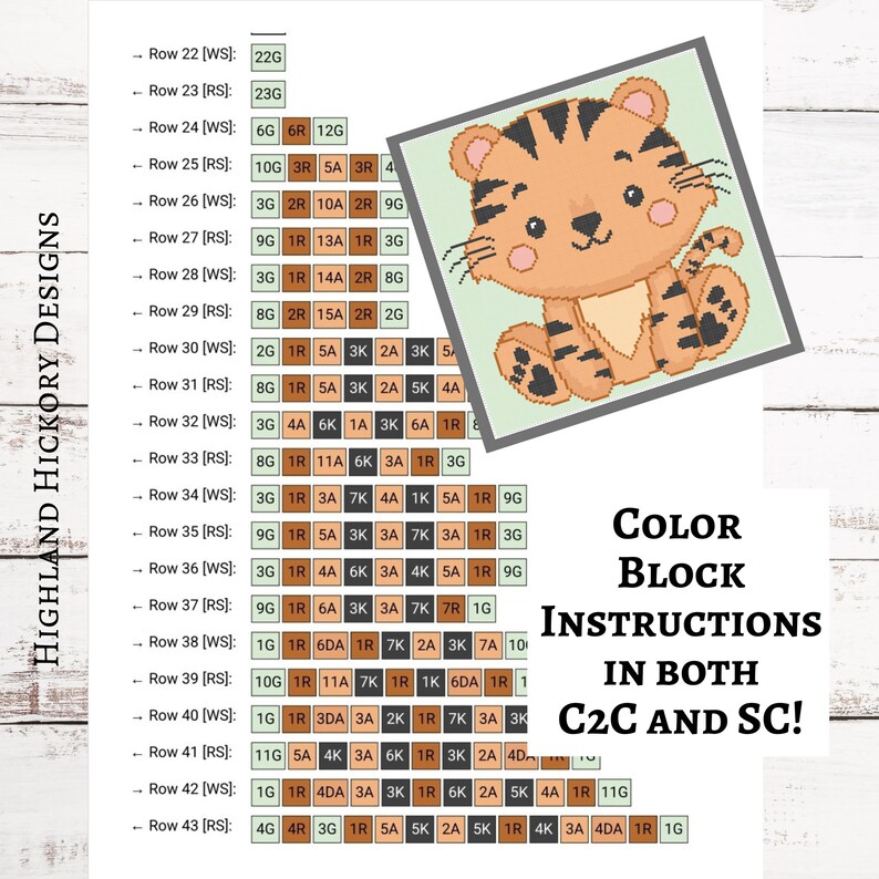 Baby Tiger Graph Crochet Pattern C2C Graphgan + Written Instructions ...