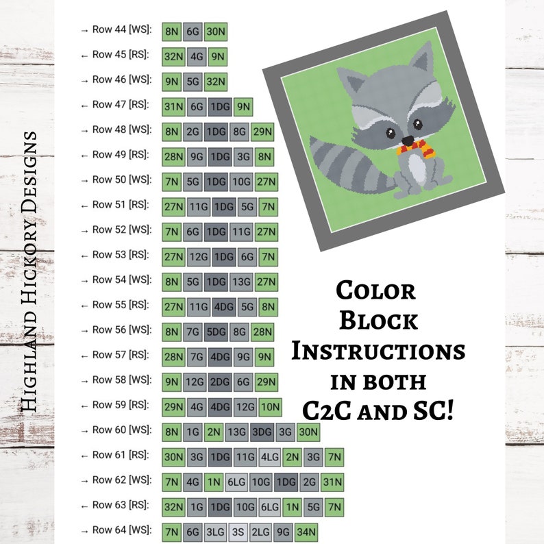 Raccoon in Scarf Graph Crochet Pattern C2C Graphgan +written ...