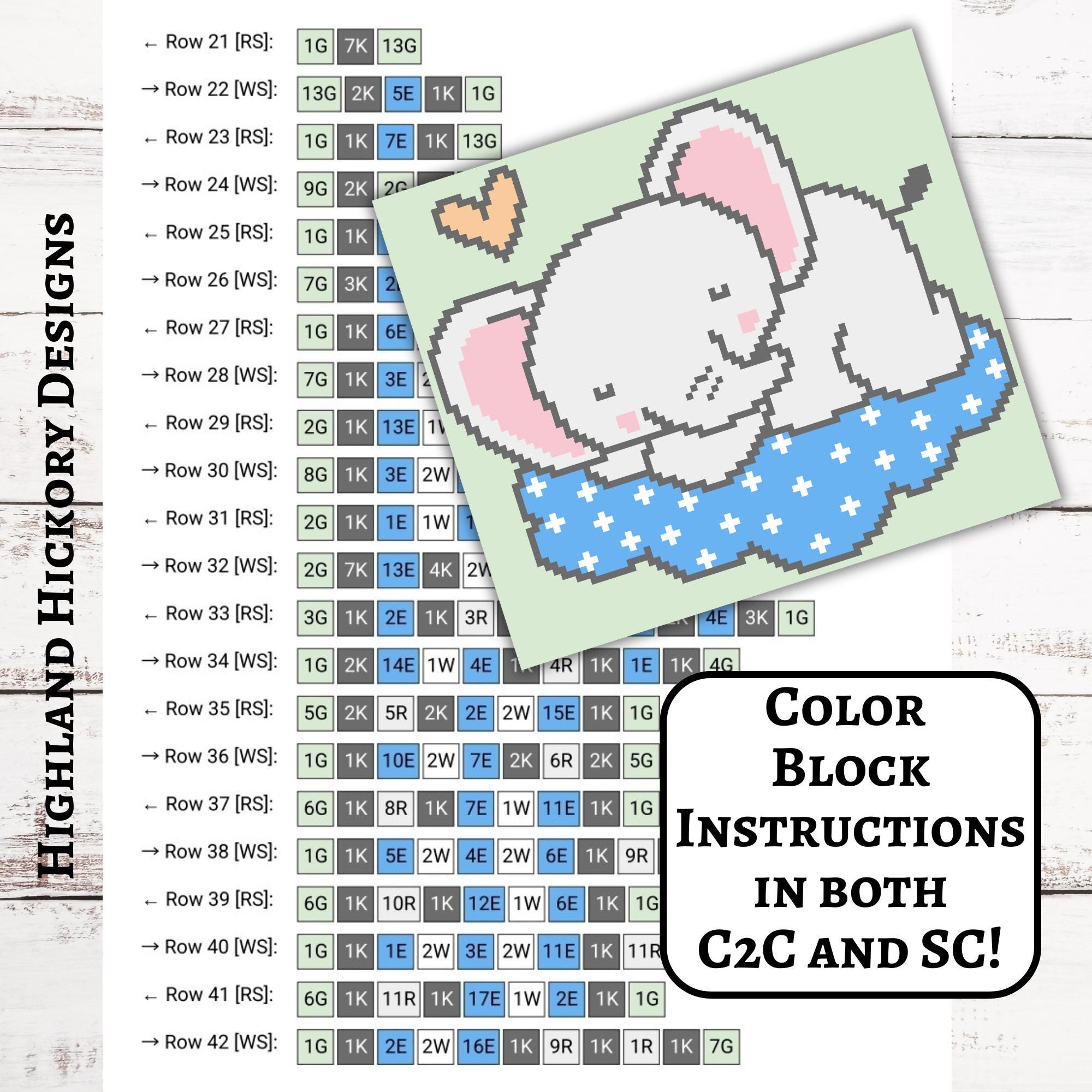 Sleepy Elephant Graph Crochet Pattern C2C Graphgan + Written ...