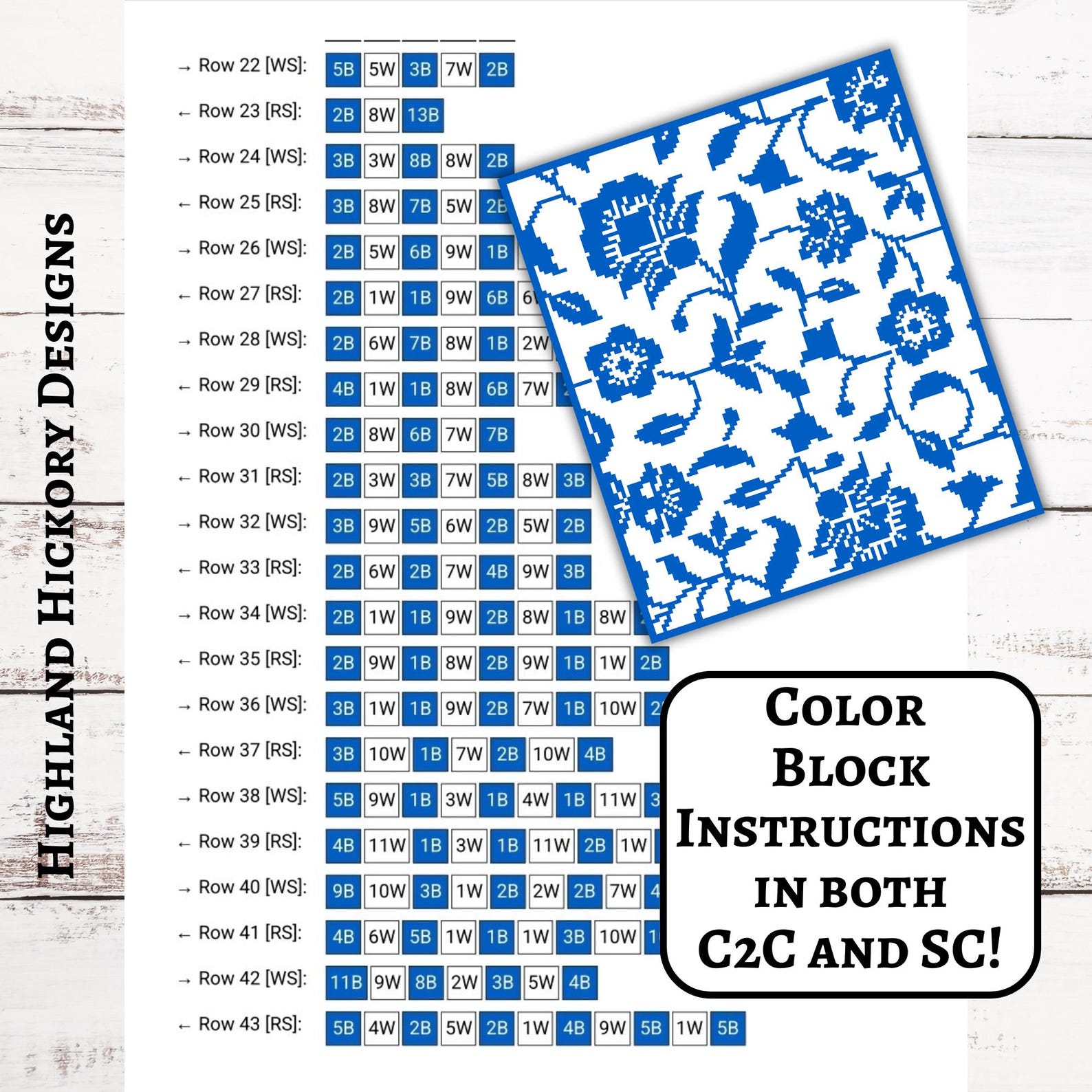 Blue Flowers Graph Crochet Pattern C2C Graphgan + Written Instructions ...