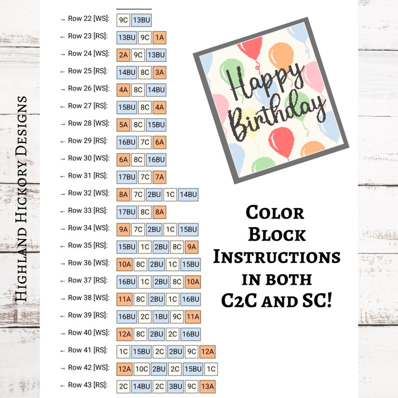 Birthday Balloons Graph Crochet Pattern C2C, Mini C2c, Tss, Sc, Hdc, Dc ...