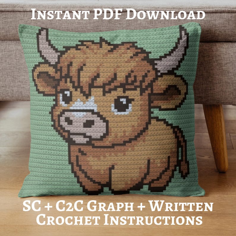 Baby Highland Cow Graph Crochet Pattern, Throw Pillow, Wall Hanging ...