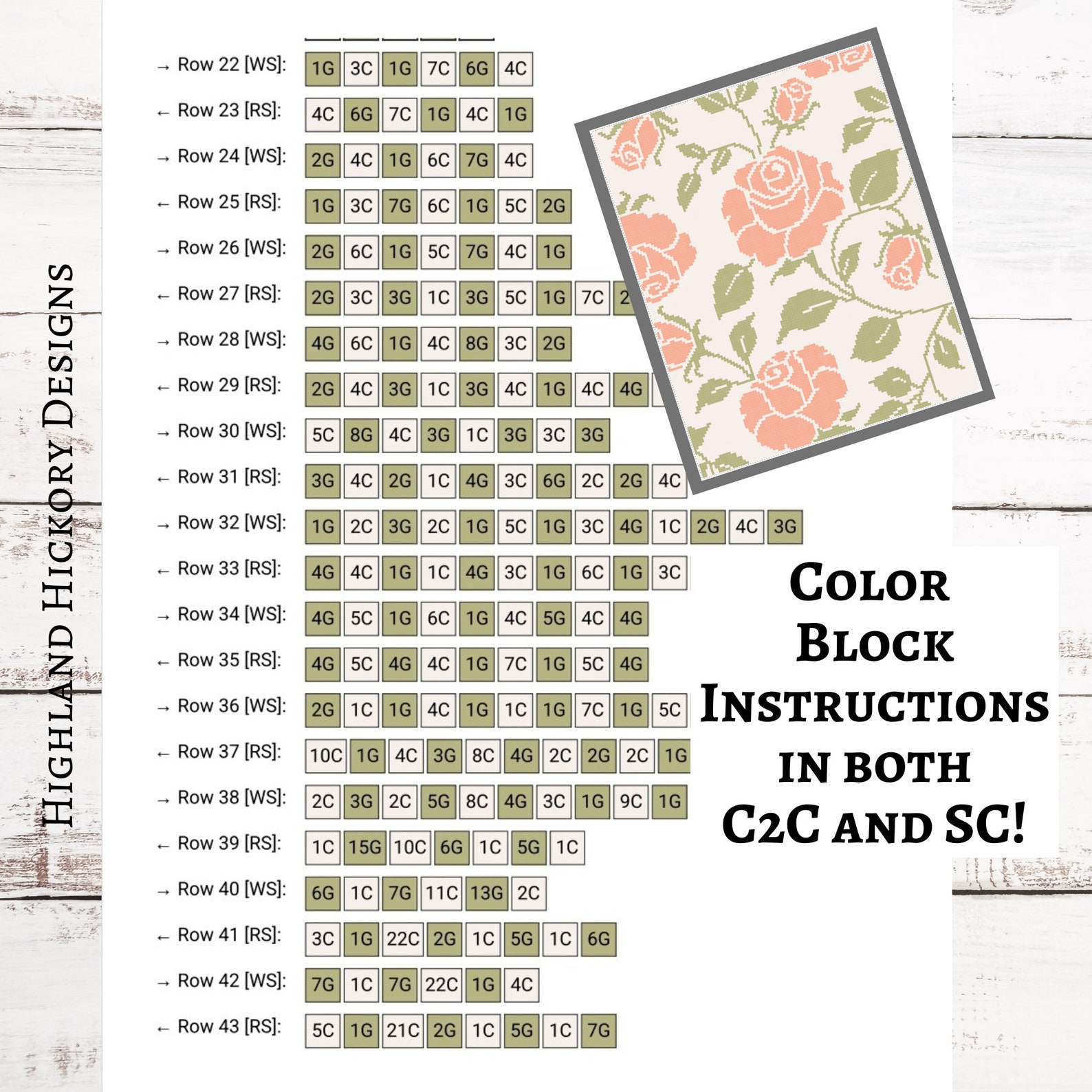 Rose Print Graph Crochet Pattern C2C, Mini C2c, Tss, Sc, Hdc, Dc ...