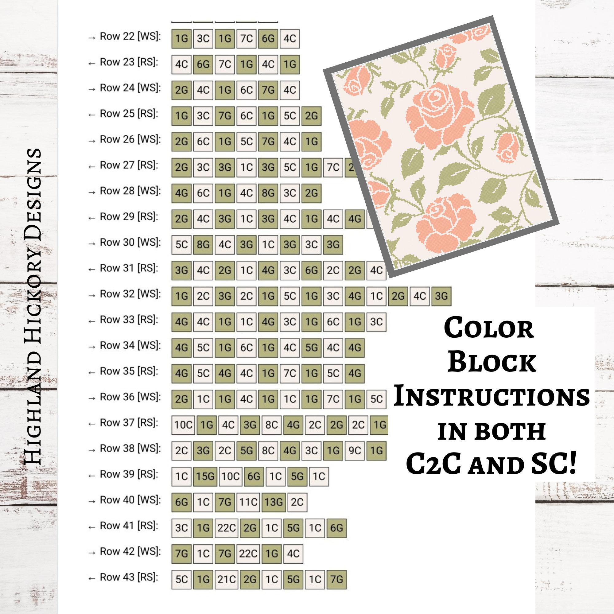 Rose Print Graph Crochet Pattern C2C, Mini C2c, Tss, Sc, Hdc, Dc ...