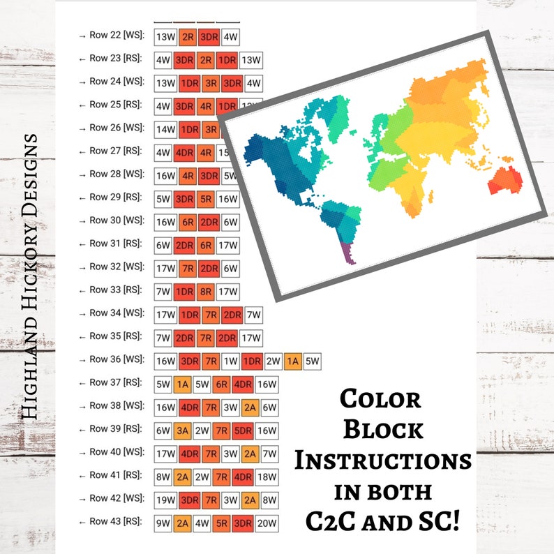 World Map Graph Crochet Pattern C2C Mini C2c Tss Sc Hdc - Etsy