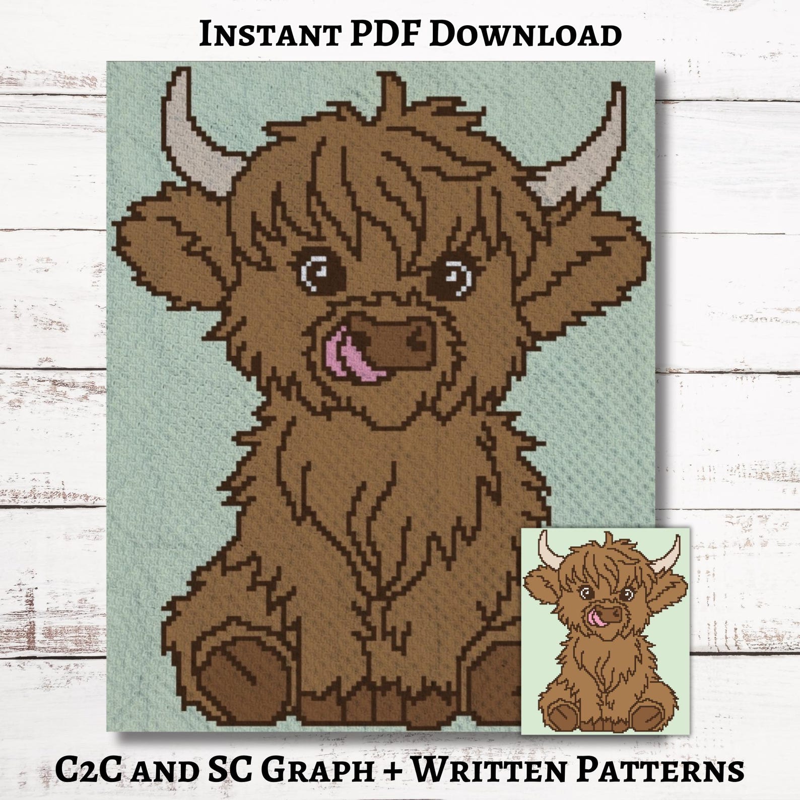 Highland Cow Graph 1 Crochet Pattern C2C and SC Graphgan + Written ...