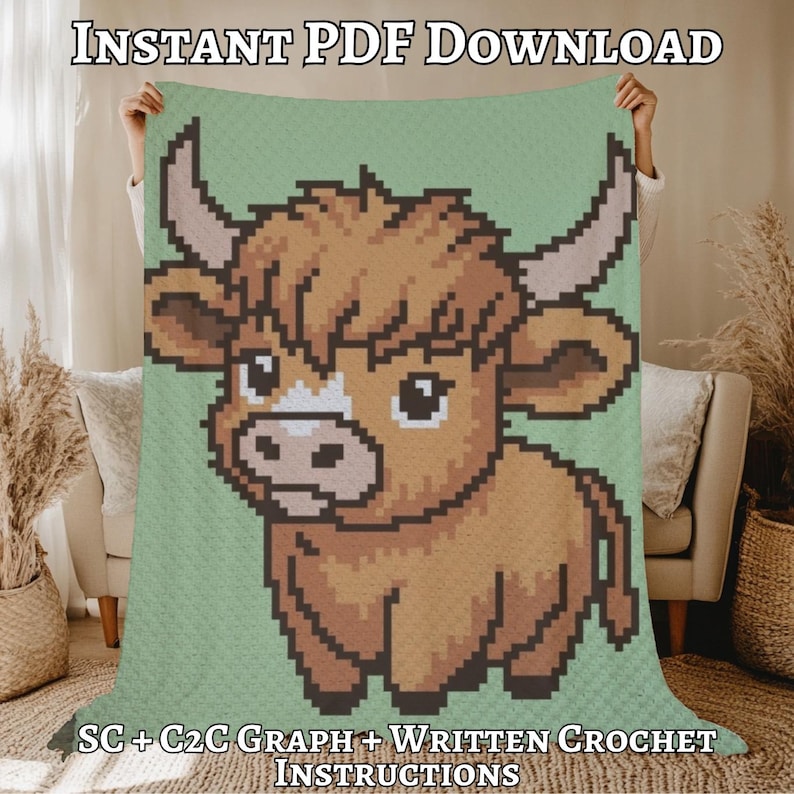 Baby Highland Cow Graph Crochet Pattern, Throw Pillow, Wall Hanging ...