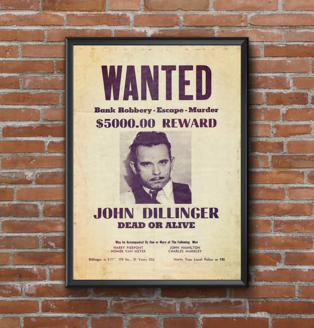 Wanted Poster John Dillinger Public Enemy No. 1 Gangster Photo Urban ...
