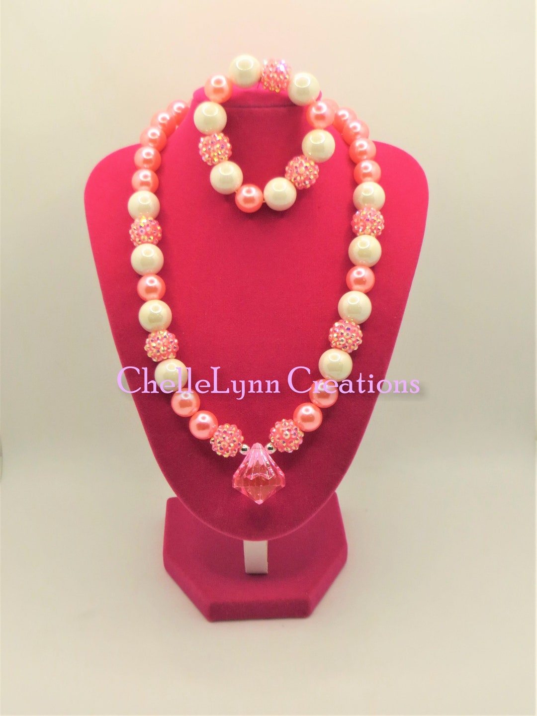 Pink Diamond Pearl Necklace Set, Girls Chunky Necklace, Chunky Bracelet ...