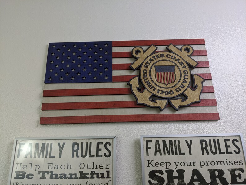 US Coast Guard, USCG Wood Flag, Sign, USCG American Flag, Engraved Wood ...