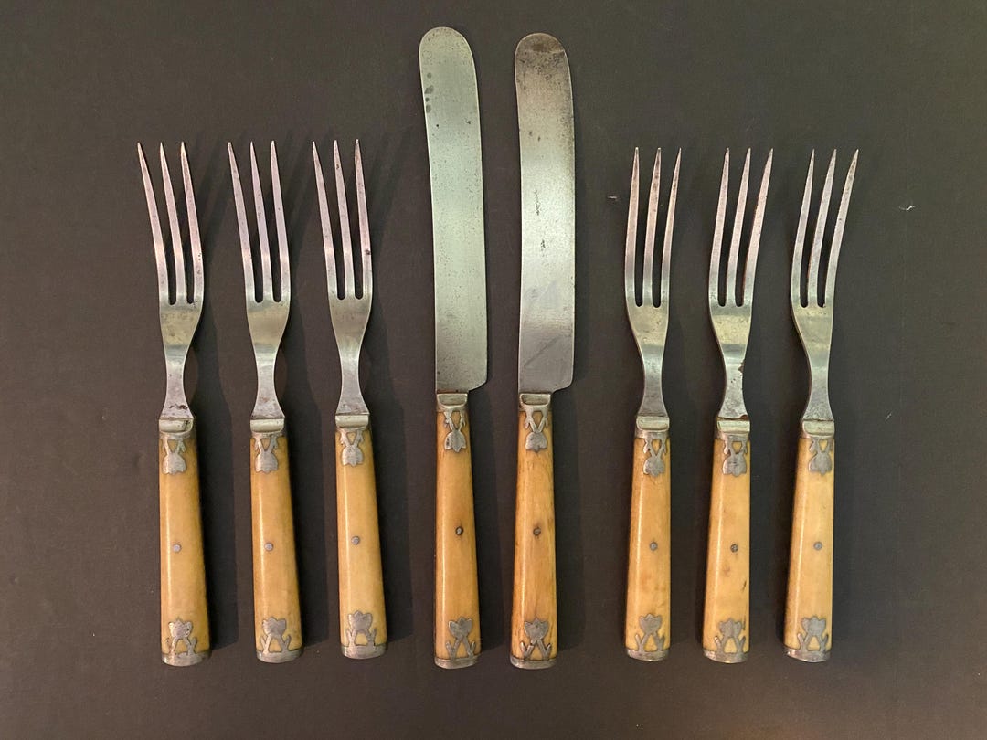 Antique Bone Handle Flatware Set I RARE Tulip Floral Inlay Design I Late 19th Century I 8 Piece ...