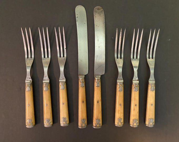 Antique Bone Handle Flatware Set I RARE Tulip Floral Inlay Design I Late 19th Century I 8 Piece ...