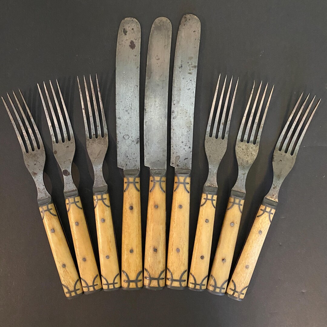 Antique Bone Handle Flatware Set I Early 20th Century Cutlery I Art Nouveau Inspired Design I 9 ...