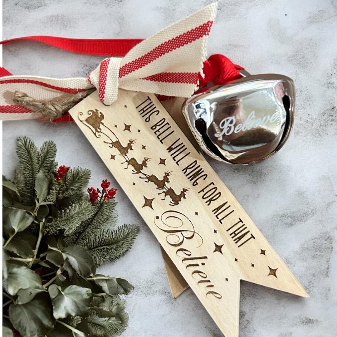 Christmas Believe Bell Ornament, Laser Engraved Wooden Tag & Silver ...