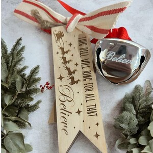 Christmas Believe Bell Ornament, Laser Engraved Wooden Tag & Silver ...