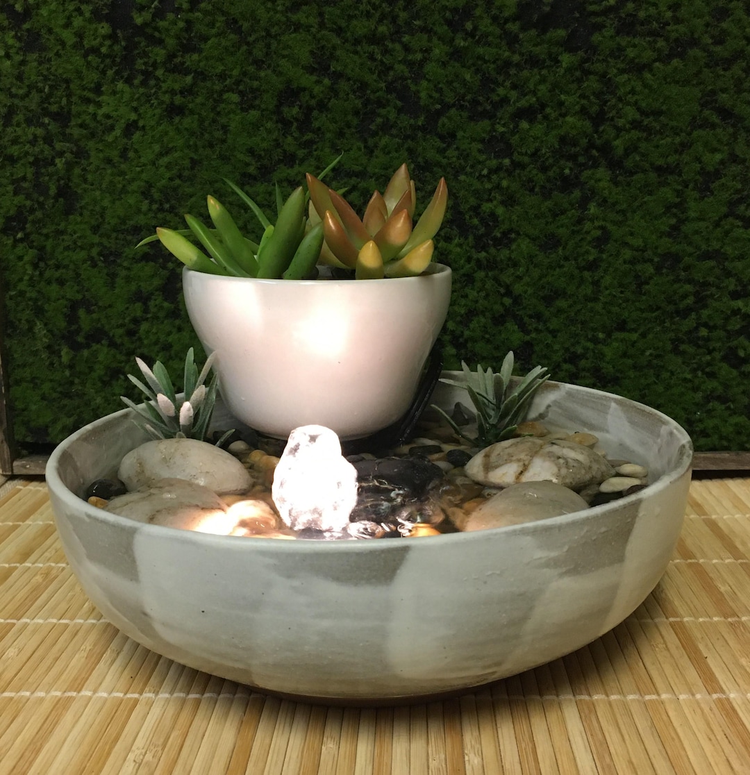 Tranquility Tabletop Water Fountain Garden LIVE Succulents, Stoneware ...