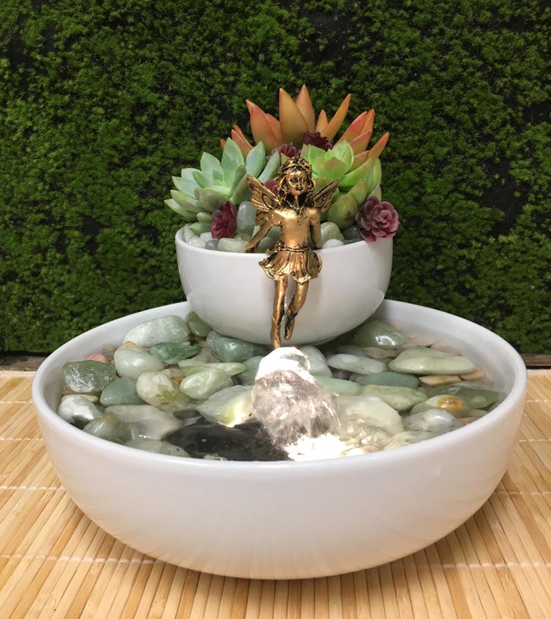 Tranquility Tabletop Water Fountain Garden LIVE Succulents & Tiny Angel ...